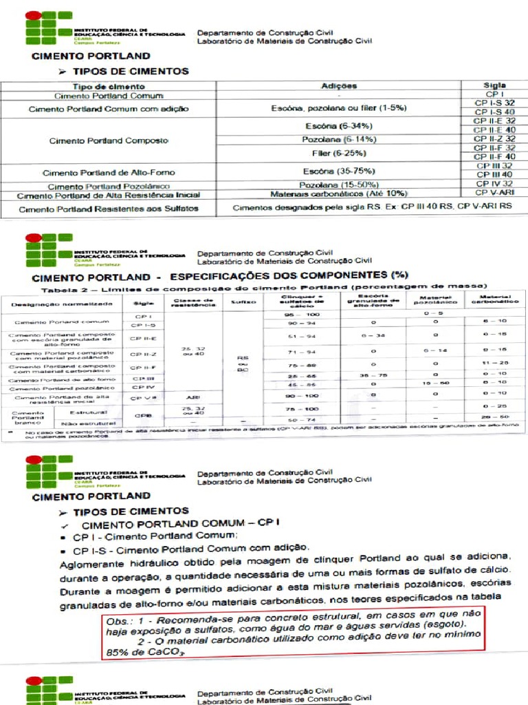 Tipos De Cimento Pdf Cimento Concreto