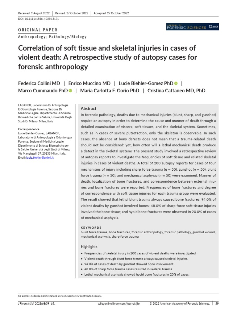 Correlation of Soft Tissue and Skeletal Injuries in Cases of Violent ...