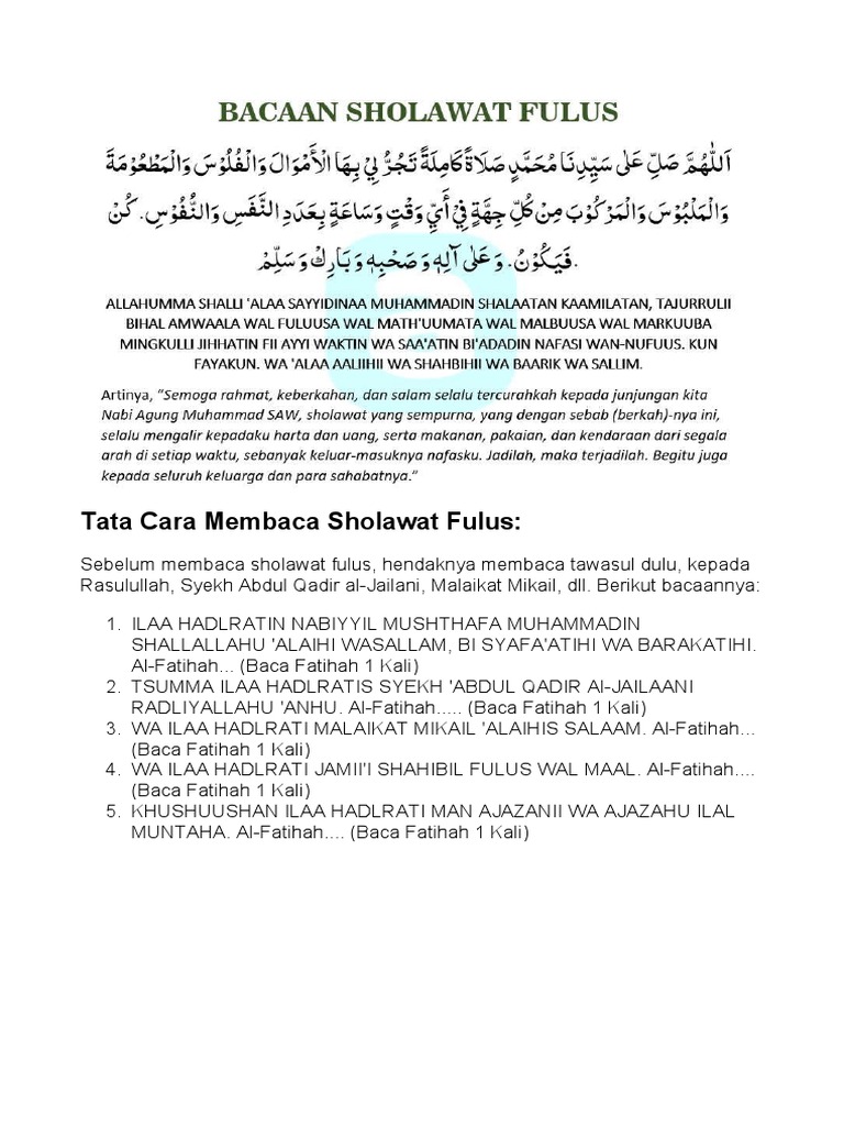 Tata Cara Sholawat Fulus dan Tawasul | PDF | Pengembangan Diri | Agama ...