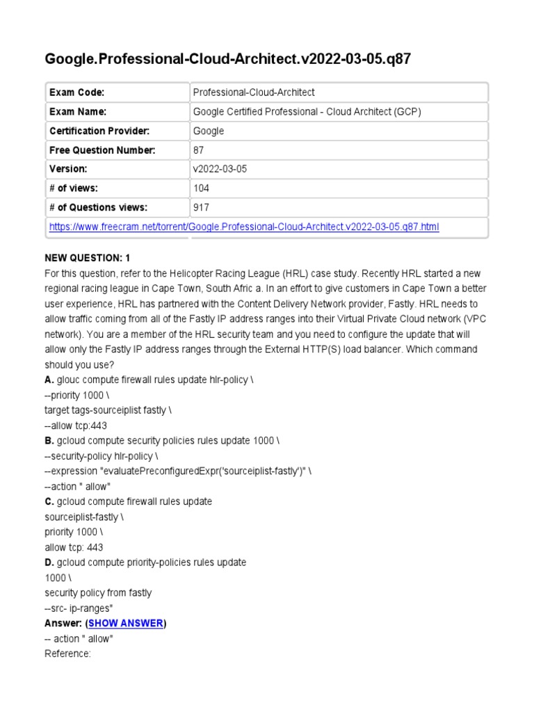 Google - Professional Cloud Architect.v2022 03 05.q87 | PDF | Cloud Computing | Databases