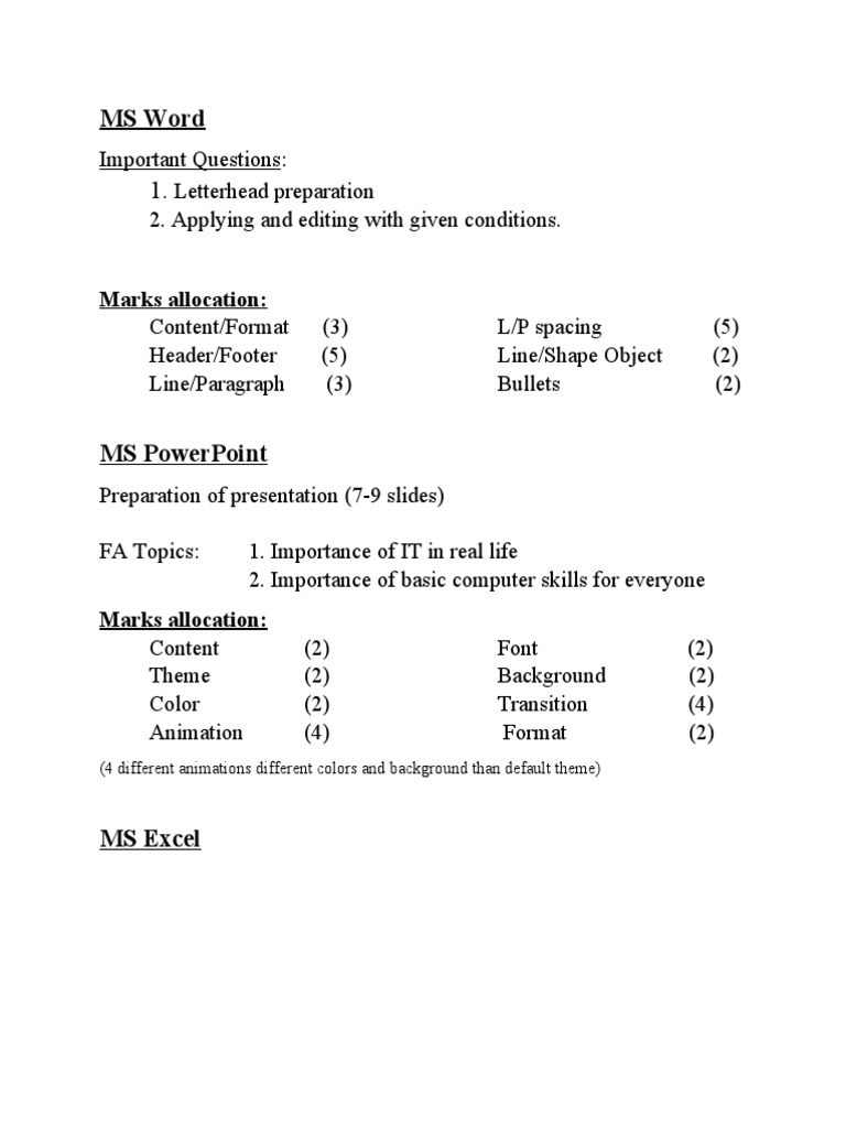 MS Word: Marks Allocation | PDF | Teaching Methods & Materials | Art