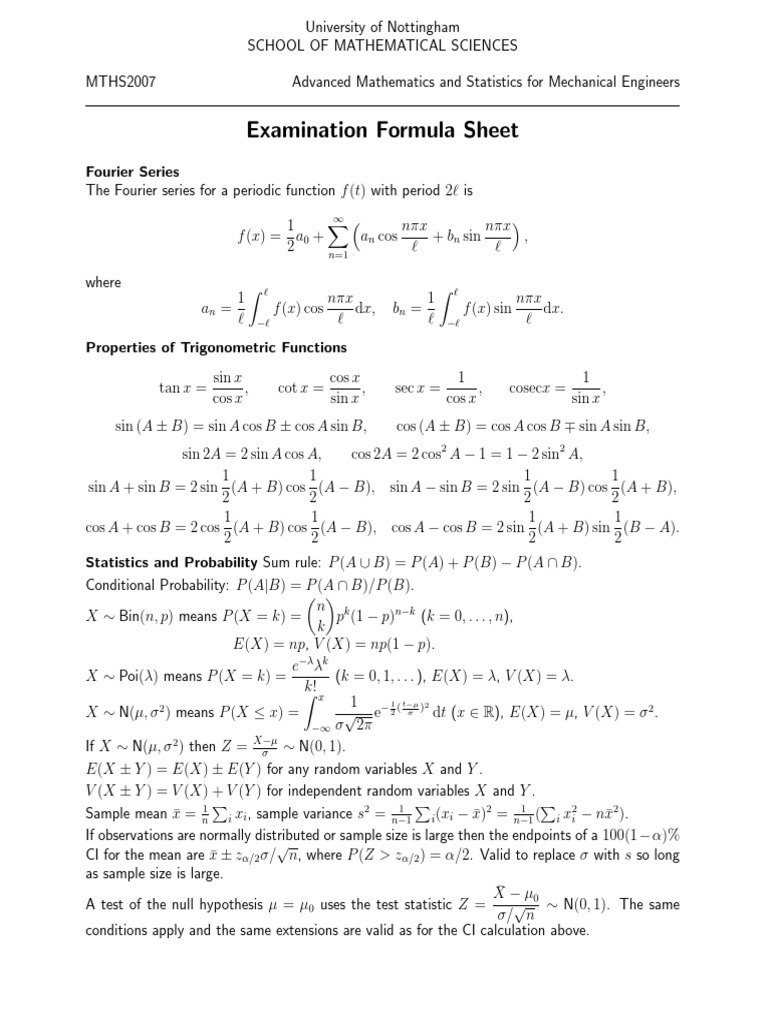 MTHS2007 Formula Sheetwithtablescorrected | PDF | Trigonometric ...