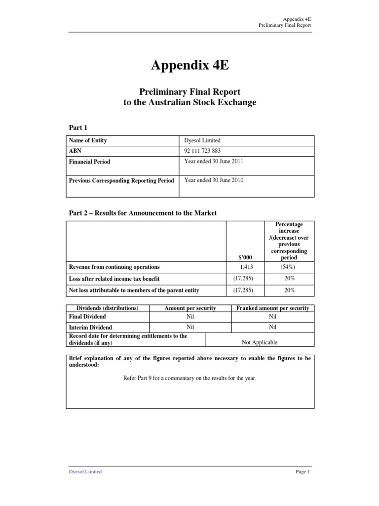 DYE110831 - Appendix 4E - Preliminary Final Report | PDF | Dividend | Euro