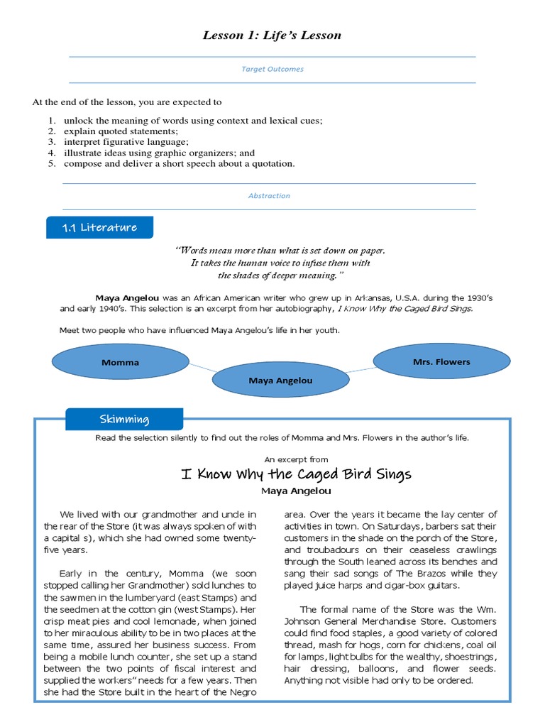 Lesson 1: Life's Lesson: I Know Why The Caged Bird Sings | PDF | Maya ...