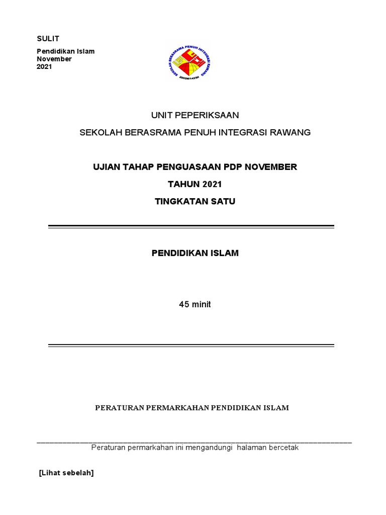Unit Peperiksaan Sekolah Berasrama Penuh Integrasi Rawang: Ujian Tahap Penguasaan PDP November ...