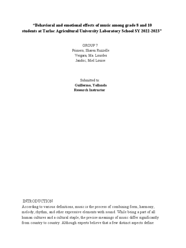 Behavioral and Emotional Effects of Music - 1 | PDF | Psychotherapy ...