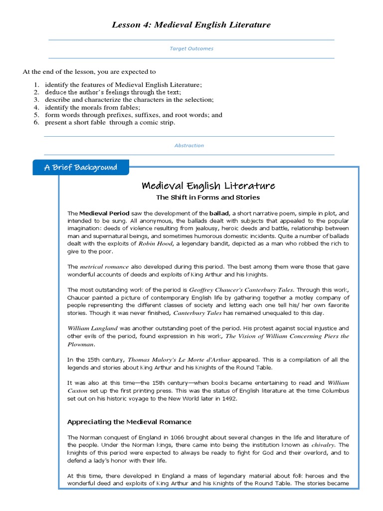 Lesson 4: Medieval English Literature | PDF | The Canterbury Tales ...