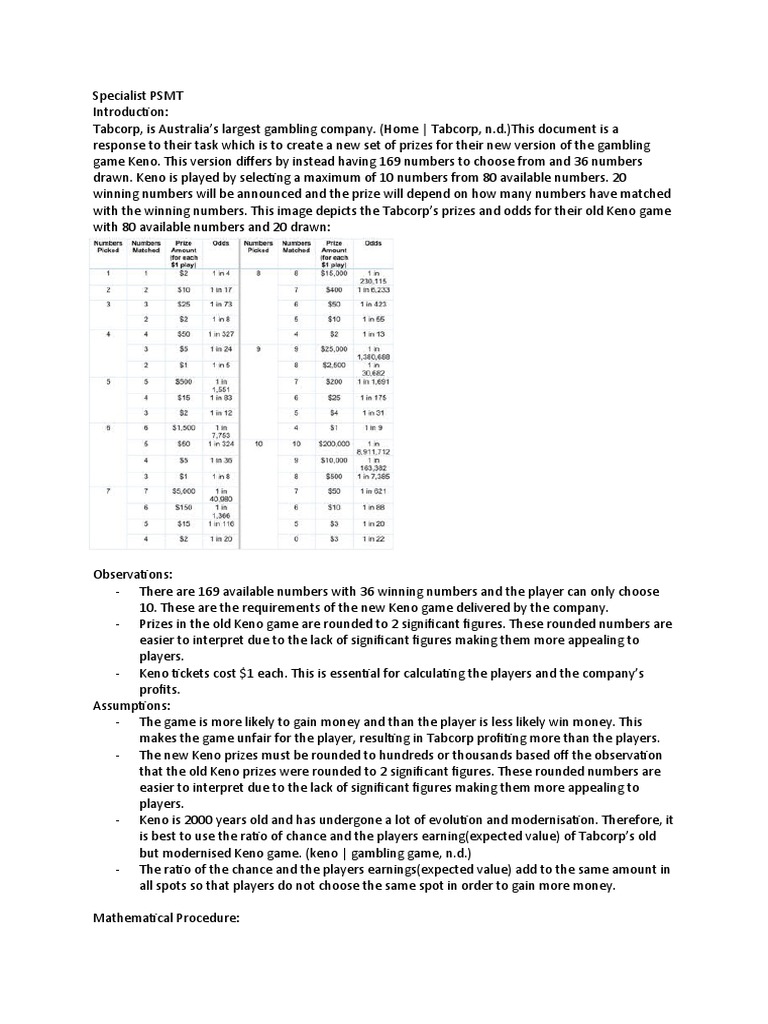 A Mathematical Analysis and Proposal of New Prizes for Tabcorp's Updated Keno Game Based on ...