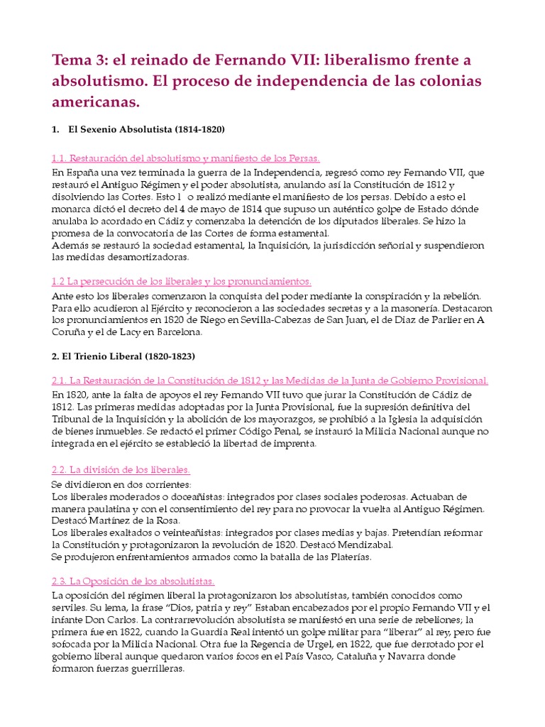 Tema 3: El Reinado de Fernando VII: Liberalismo Frente A Absolutismo. El Proceso de ...