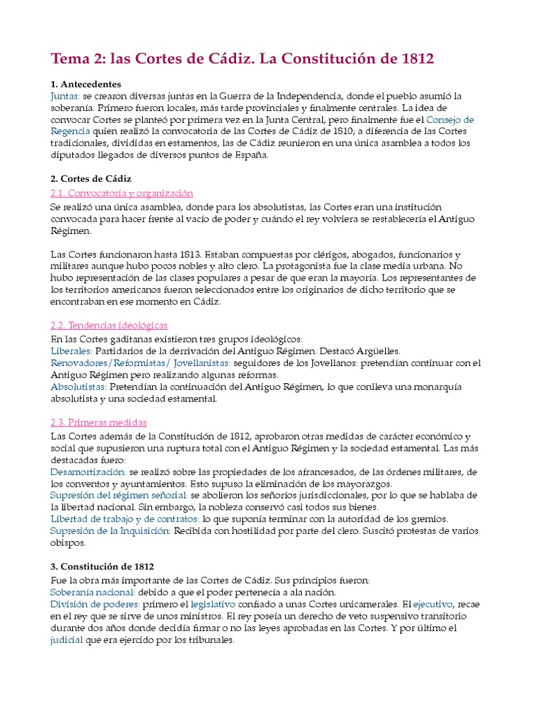 Tema 2: Las Cortes de Cádiz. La Constitución de 1812: 1. Antecedentes ...