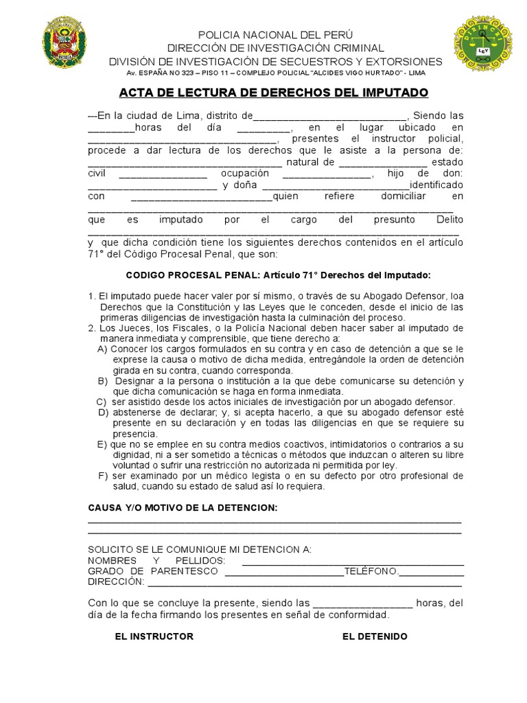 Acta de Lectura de Derecho de Detenido, Identificacion, Acta de Reistro ...