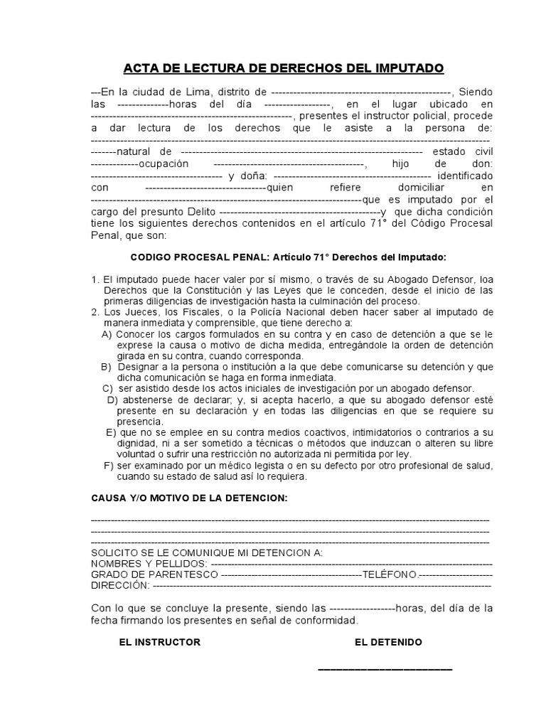 ACTA DE LECTURA DE DERECHO DE DETENIDO | PDF | Fiscal | Policía