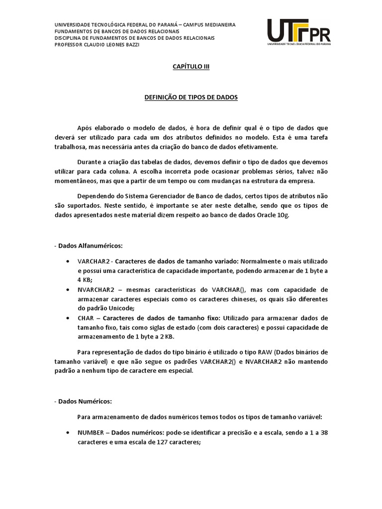 Capítulo III - Tipos de Dados | PDF | Bancos de dados | Base de dados ... Capítulo III - Tipos de Dados | PDF | Bancos de dados | Base de dados ...