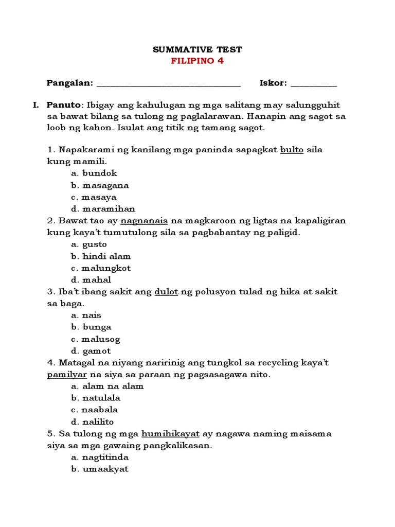Filipino 4 - Q2 Summative Test | PDF