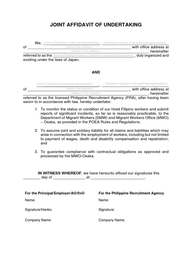 Joint Affidavit of Undertaking Template | PDF | Private Law | Employment