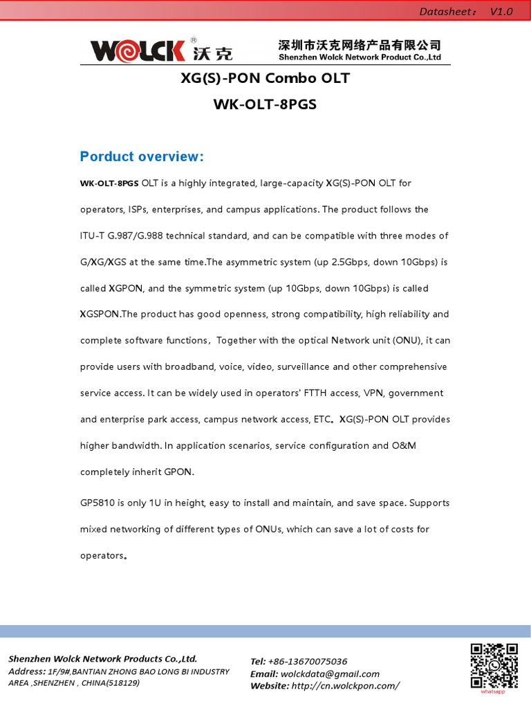 WOLCK XG (S) - PON OLT Datasheet | PDF | Computer Network | Electronics