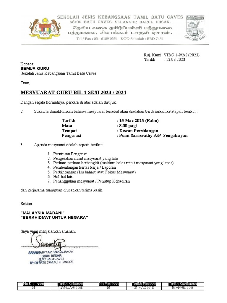 Mesyuarat Guru BIL 1 Sesi 2023 / 2024 | PDF