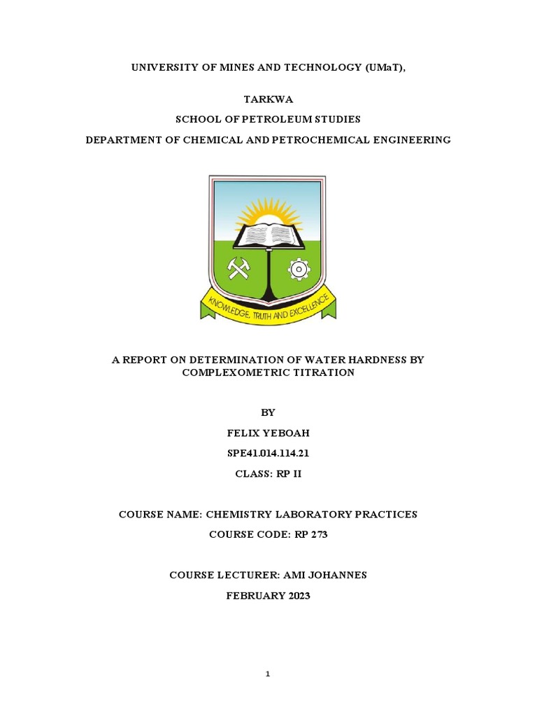 Lab Report Hardness of Water | PDF | Titration | Chemistry