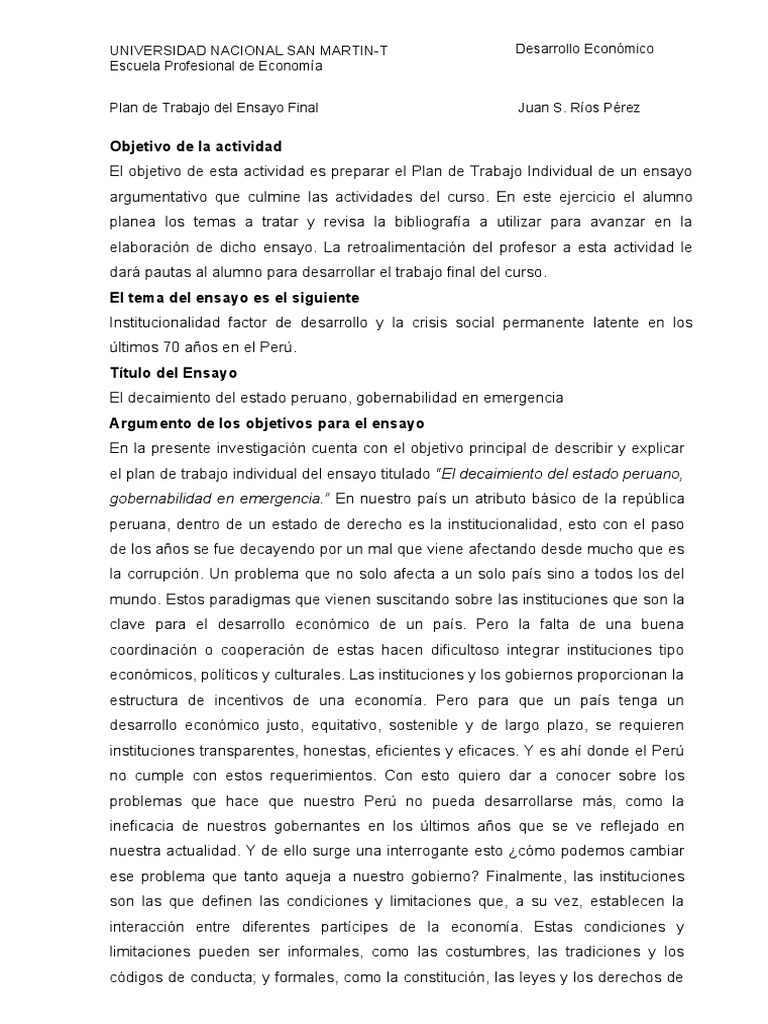Plan de Trabajo Sobre El Decaimiento Del Estado Peruano ... Plan de Trabajo Sobre El Decaimiento Del Estado Peruano ...