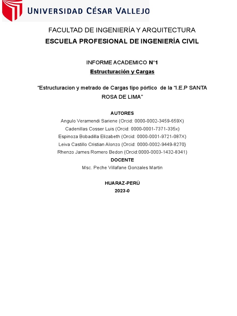 Estructuracion y Metrado de Cargas Tipo Pórtico de La "I.E.P SANTA ROSA DE LIMA | PDF | Hormigón ...