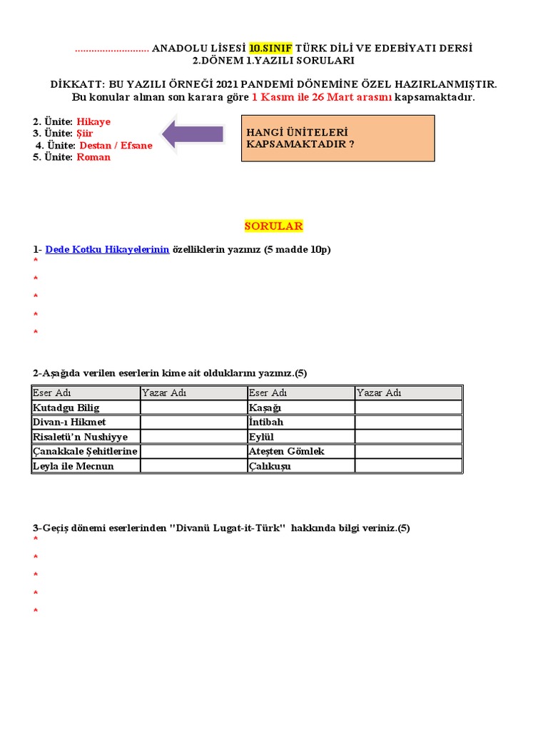 10.sinif Turk Dili Edebiyati 2. Donem 1. Yazili Sinav Sorulari | PDF