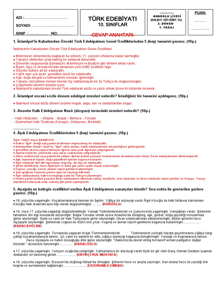 10.sinif Edebiyat 2. Donem 1. Yazili Sorulari Ve Cevaplari 2 | PDF