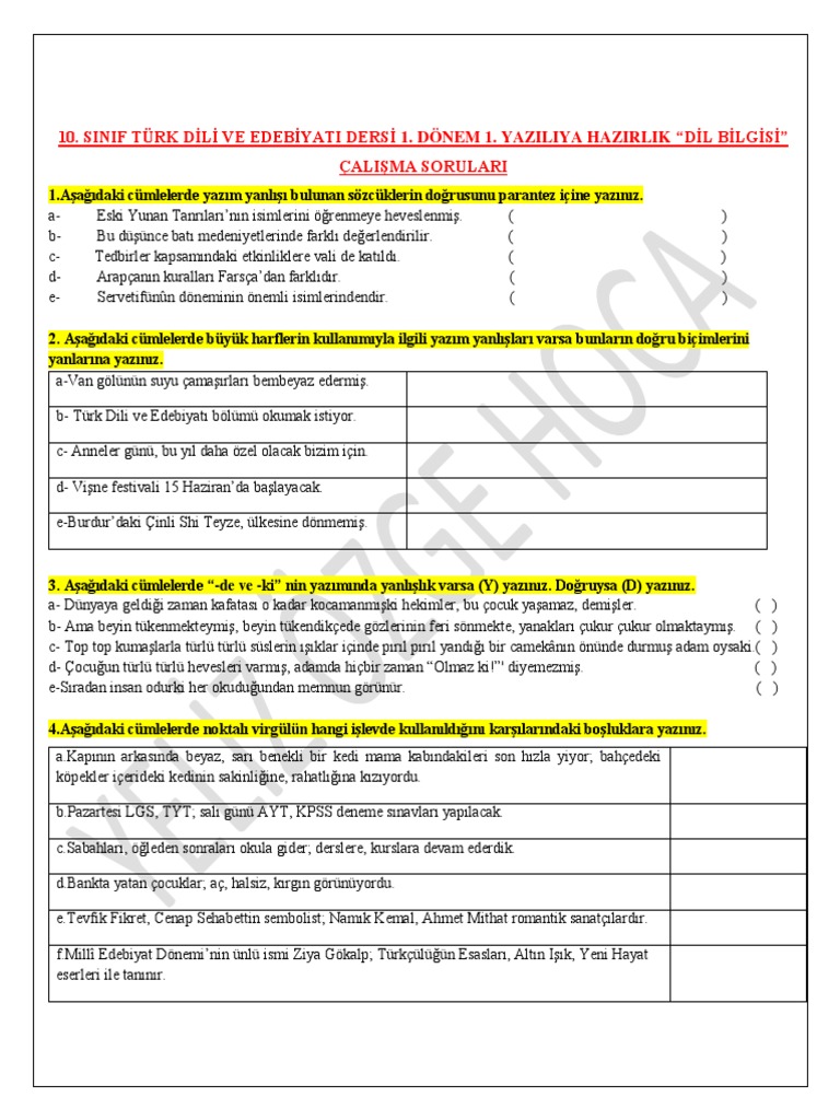 10.sinif Turk Dili Ve Edebiyati 1.donem 1. Yazili Hazirlik Calisma Kagidi | PDF