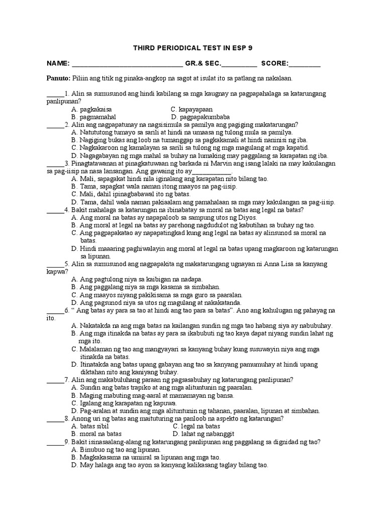 Third Periodical Test in Esp 9 NAME: - GR.& SEC. - SCORE: - Panuto ...