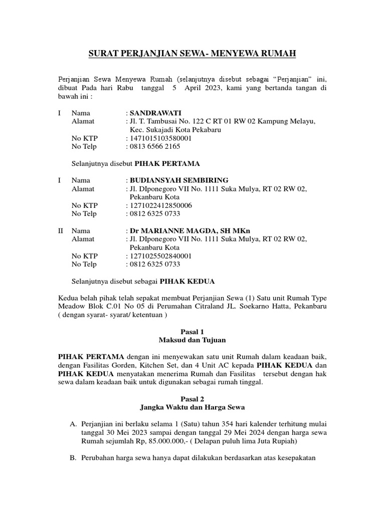 Surat Perjanjian Sewa Rumah | PDF