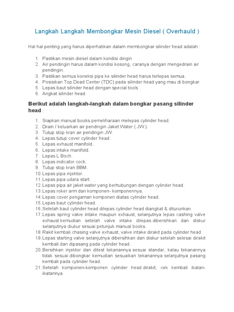Langkah Langkah Membongkar Mesin Diesel | PDF