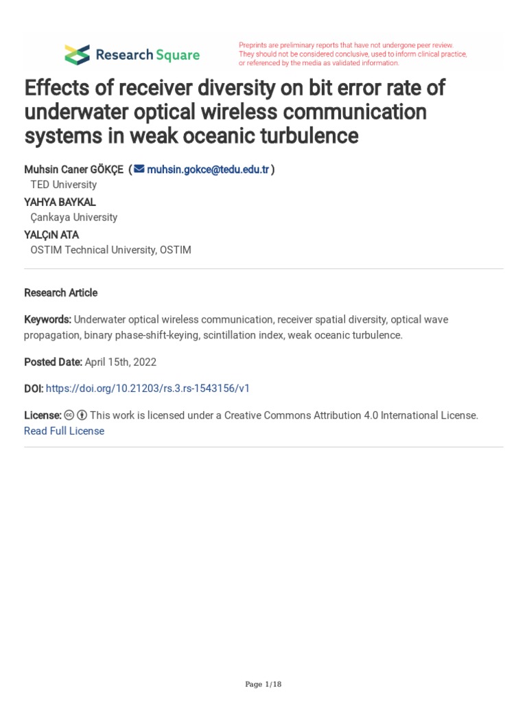 Effects of Receiver Diversity On Bit Error Rate of Underwater Optical ...