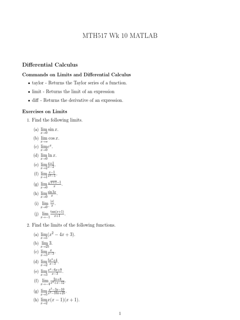 Mth517 WK 10 Matlab: Differential Calculus | PDF | Trigonometric Functions | Subtraction