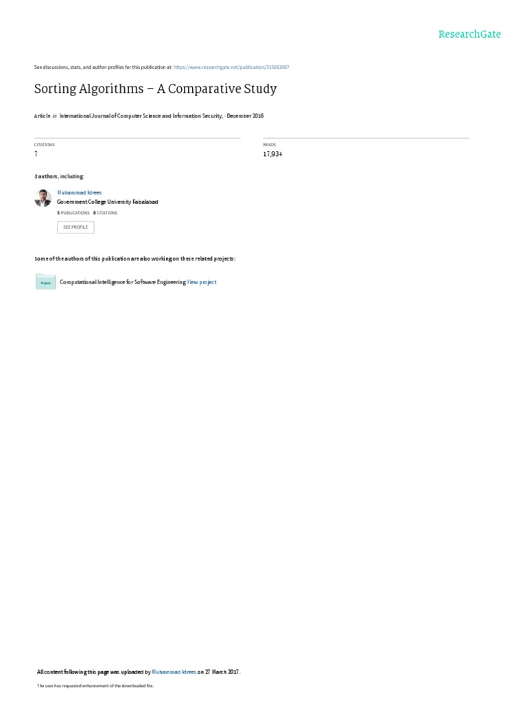 Sorting Algorithms A Comparative Study1 | PDF | Time Complexity | Algorithms And Data Structures