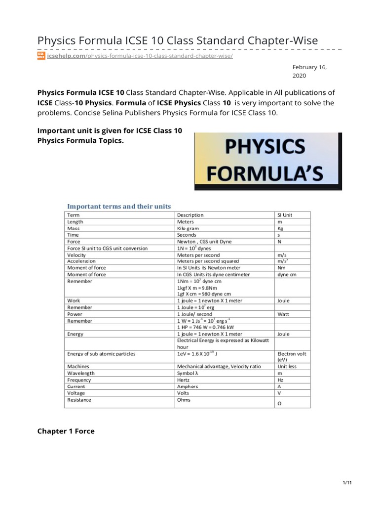 Physics Formula ICSE 10 Class Standard Chapter-Wise | Download Free PDF | Optics | Physical ...