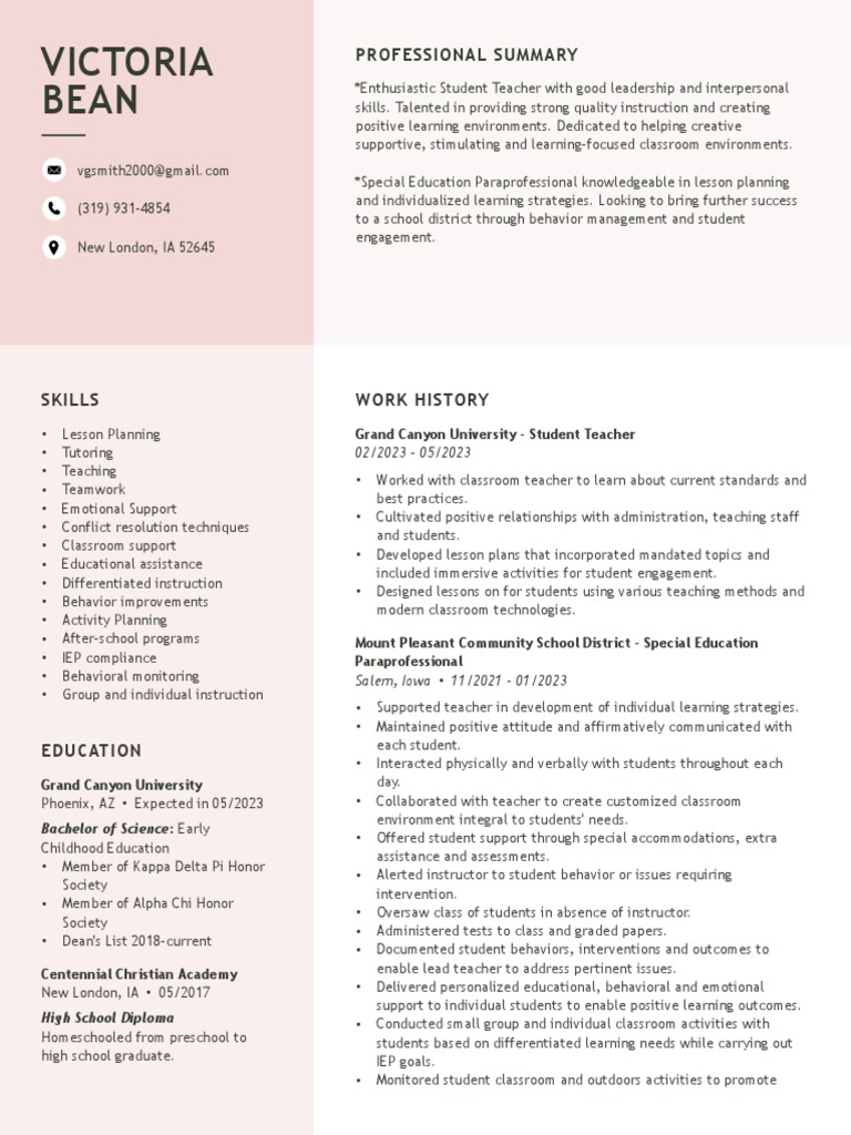 Victoria Bean Resume | PDF | Teachers | Learning