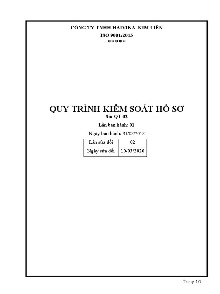 Quy Trình Kiểm Soát Hồ Sơ: Công Ty Tnhh Haivina Kim Liên ISO 9001:2015 ...