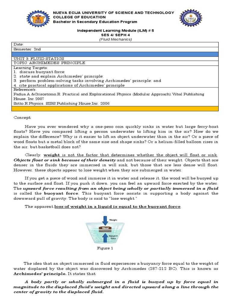 ILM 5 Archimedes' Principle | Download Free PDF | Buoyancy | Weight