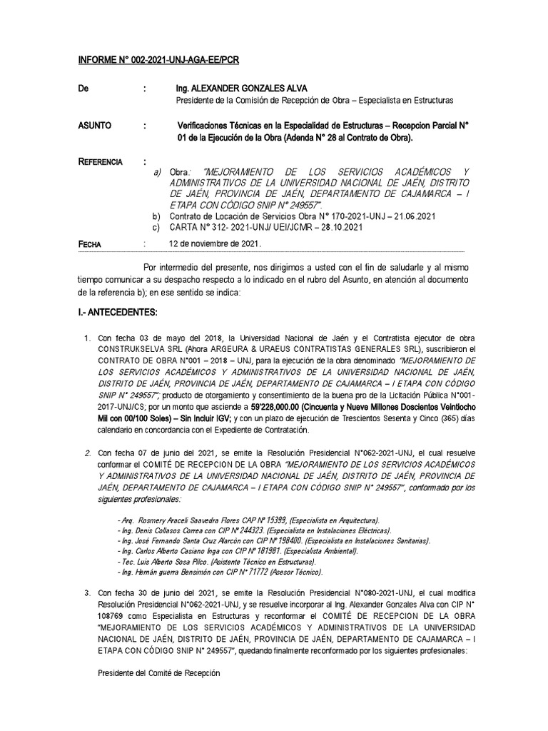 Informe #002-2021 - Informe de La Especialidad de Estructuras | PDF | Ciencias fisicas | Ingeniería