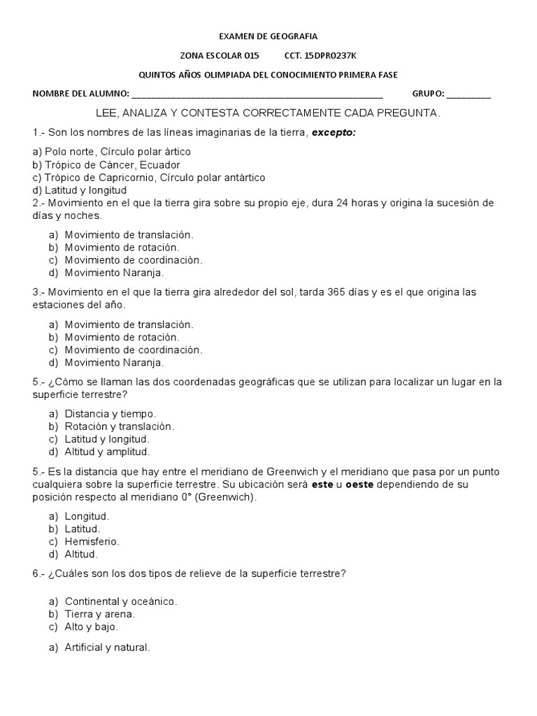 Examen de Geografía para Quintos Años | PDF | Placas tectónicas | Tierra