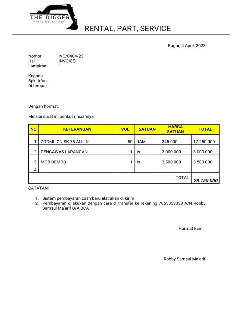 Invoice Rental Alat Berat 2023 | PDF