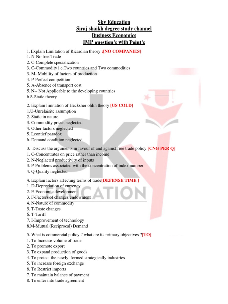 Sky Education Siraj Shaikh Degree Study Channel Business Economics IMP Question's With Point's ...