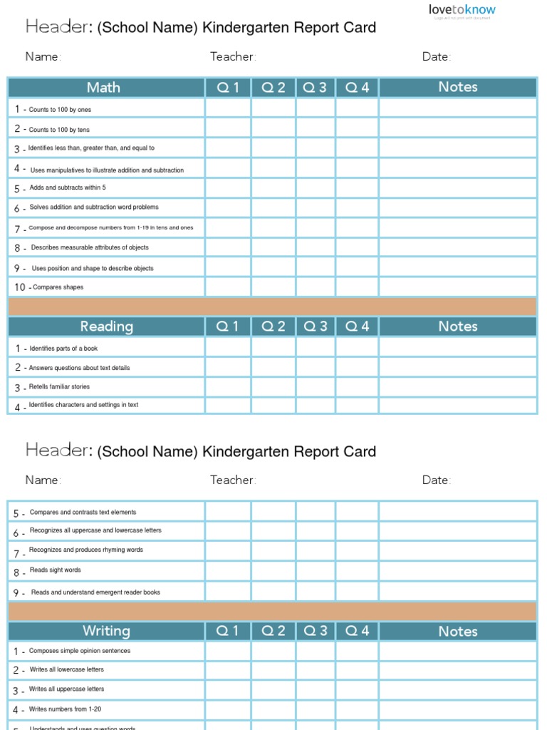 4444 Traditional Kindergarten Report Card | PDF | Writing | Cognitive ...