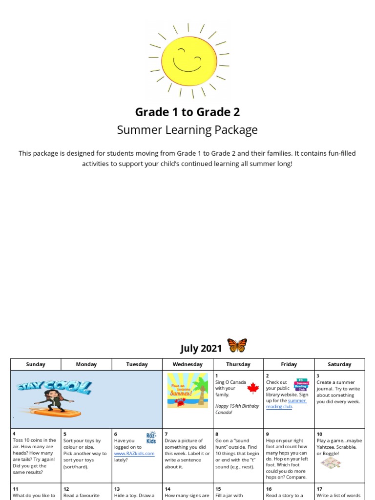 Grade 1 To Grade 2: Summer Learning Package | Download Free PDF ...