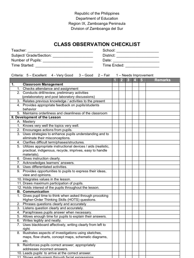 Class Observation Checklist | PDF