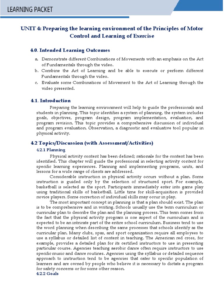 PED 10 Unit 4 Principles of Motor Control | PDF | Learning | Teachers
