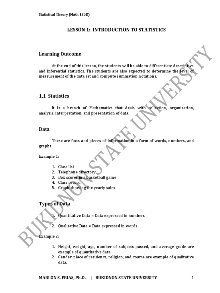 LESSON 1 Statistical Theory | PDF | Statistics | Data
