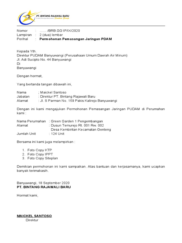 Surat Permohonan Jaringan Pdam | PDF
