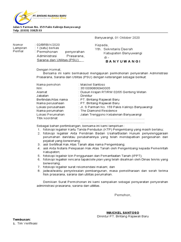 Surat Permohonan Penyerahan Admin Psu | PDF