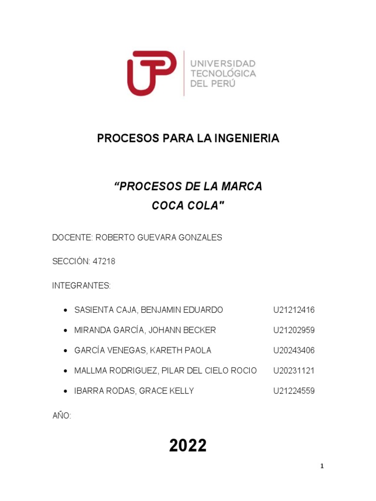 Trabajo Final Procesos para La Ingeniería - Procesos de Coca Cola | PDF | Refresco | Bebida