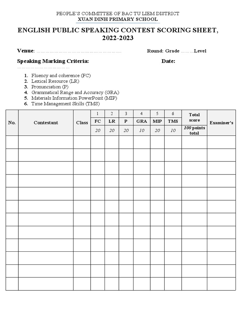 (XDS) English Public Speaking Contest Scoring Sheet | PDF